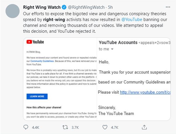 YouTube unbans far-left Right-Wing Watch
